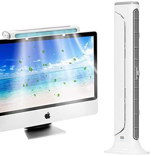 DauMeiQH Office Desk Monitor Screen Fan, Bladeless Tower Standing Fan Bar for Bedroom, 4000mAh Battery Powered Table Top Cooling Stand up Tall Fan with USB-C Charging Cable, 12 inch Air Outlet- White