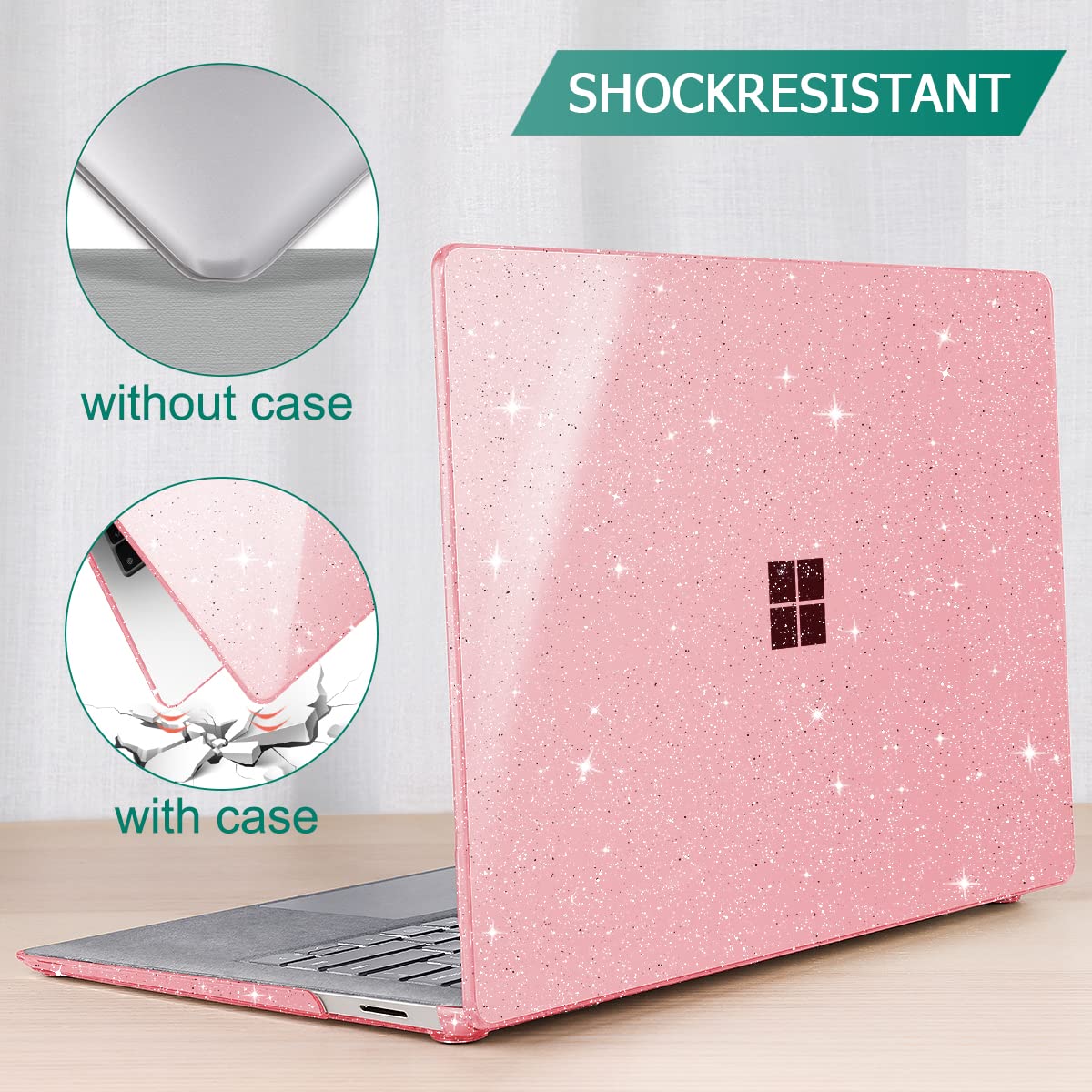 May Chen Case for 13.5" Microsoft Surface Laptop 3/4/5 with Alcantara Palm Rest Model 1867 1958 1950 (2019 2021 2022), Plastic Hard Shell Case with Keyboard Cover + Screen Protector, Pink Glitter