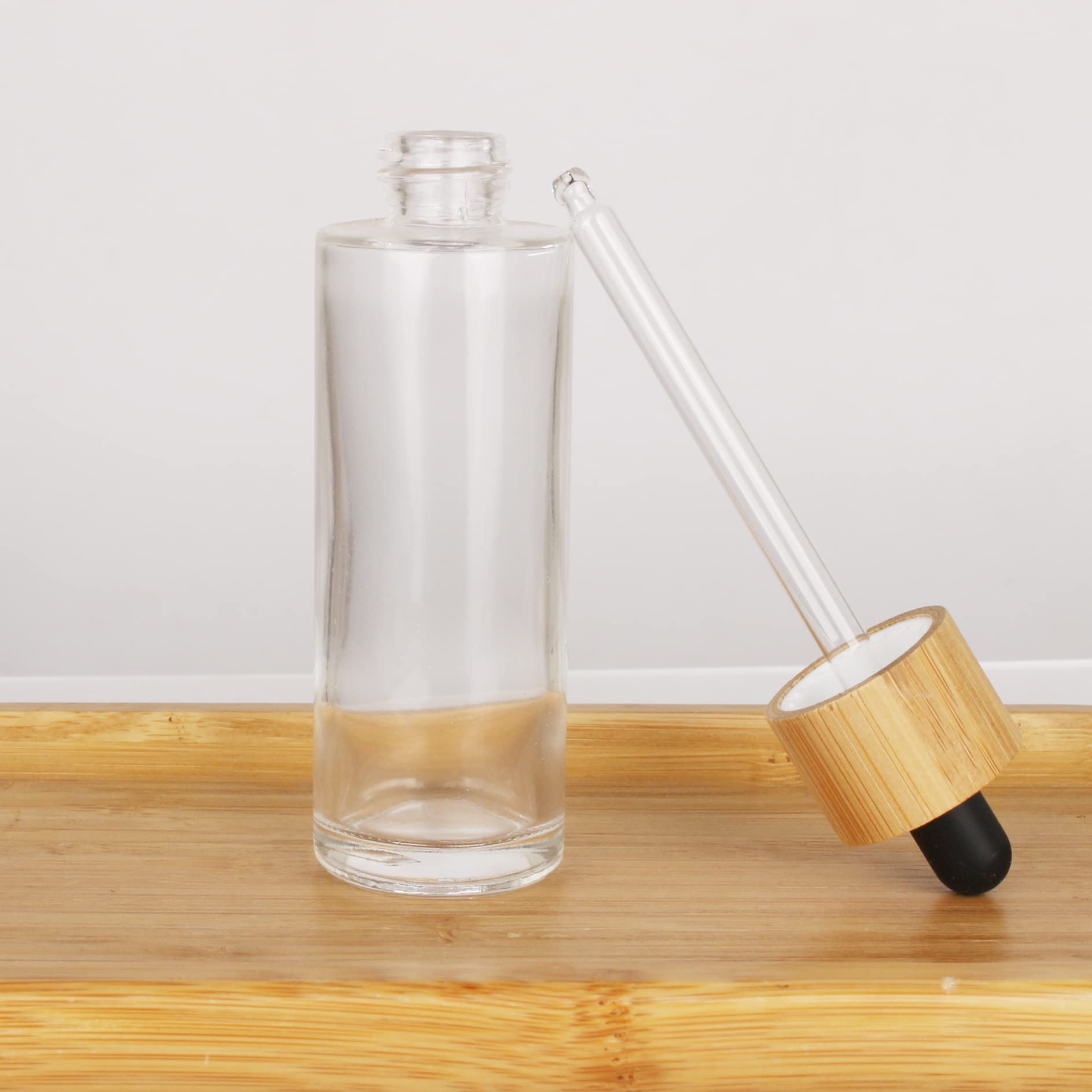 COSIDEA 6 PCS empty 60ml / 2 oz clear glass bottles with wood bamboo dropper lids for serum and essential oil, DIY cosmetics oils containers, travel perfume droppers bottle container