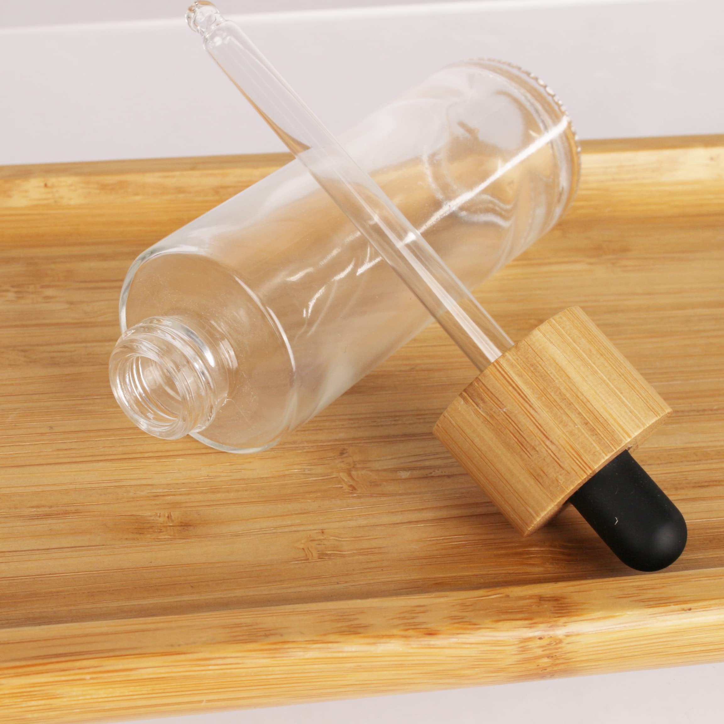 COSIDEA 6 PCS empty 60ml / 2 oz clear glass bottles with wood bamboo dropper lids for serum and essential oil, DIY cosmetics oils containers, travel perfume droppers bottle container