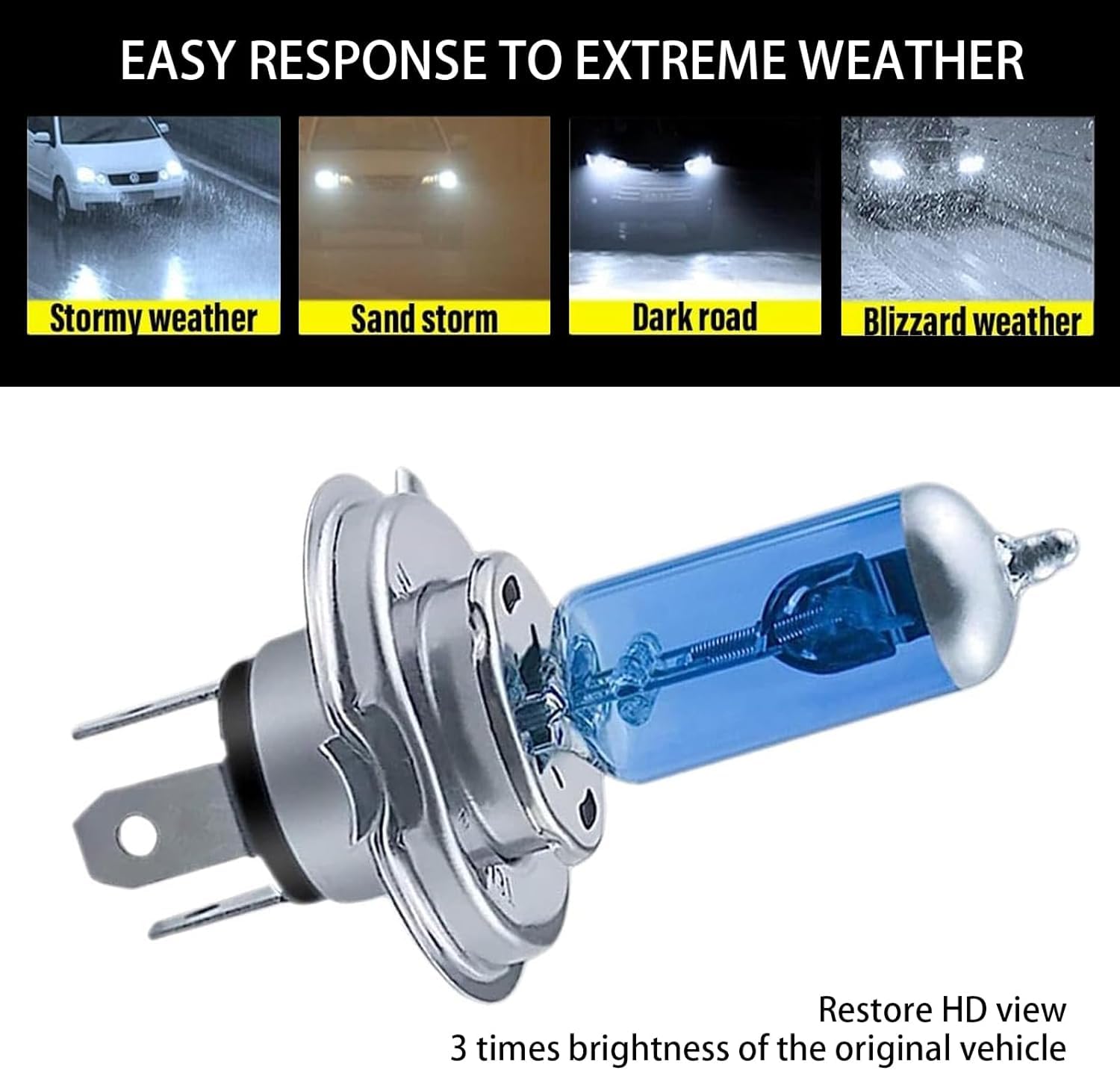 Slykew Pack-2 H4 Halogen Spotlight, Low Beam Halogen Spotlight Bulb 6000K Cool White, Fog Lights, H4 100W High Beam, White Super Bright Bulb for Most Cars, SUVs, Trucks