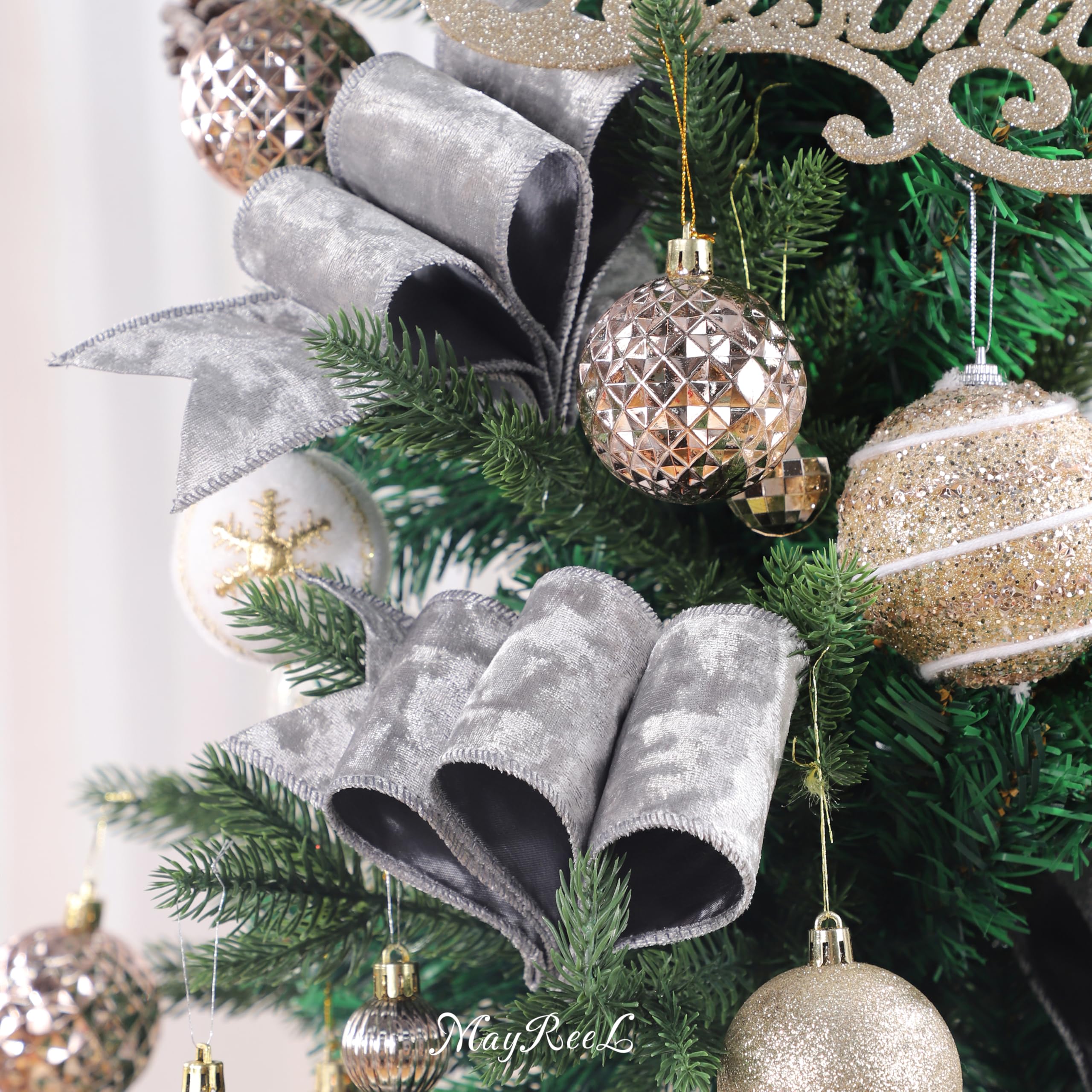 MAYREEL 2.5 Inch Silver Crushed Velvet Ribbon Wired for Christmas Decorations Gift Wrapping Wreaths Tree Toppers 10 Yards