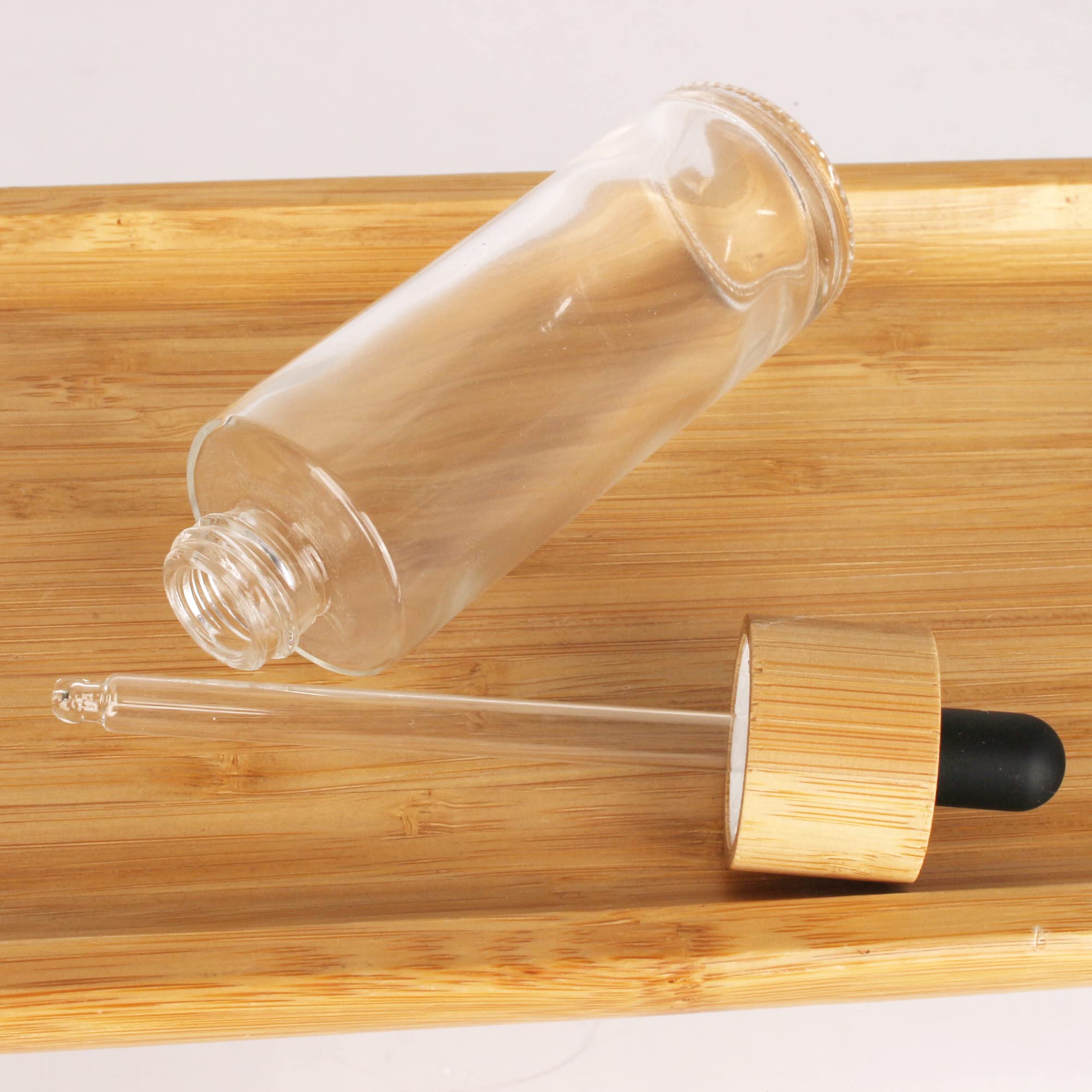COSIDEA 6 PCS empty 60ml / 2 oz clear glass bottles with wood bamboo dropper lids for serum and essential oil, DIY cosmetics oils containers, travel perfume droppers bottle container