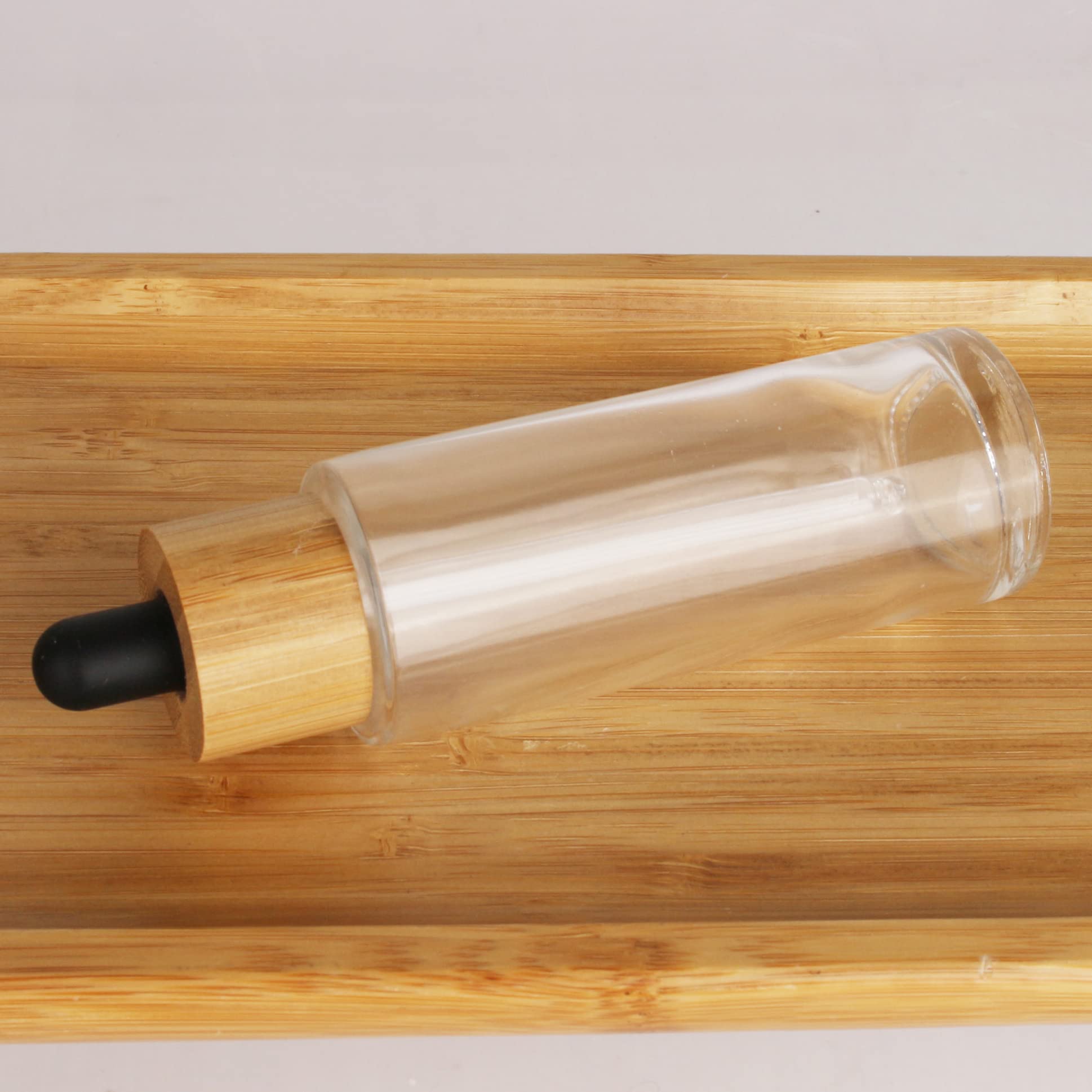 COSIDEA 6 PCS empty 60ml / 2 oz clear glass bottles with wood bamboo dropper lids for serum and essential oil, DIY cosmetics oils containers, travel perfume droppers bottle container