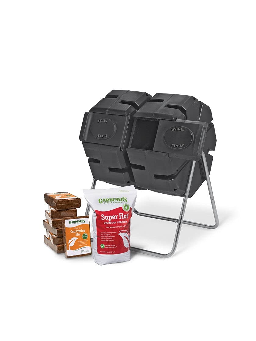 Gardeners Supply Company Compost Tumbler Success Kit | Heavy Duty Dual Rotating Batch Compost Bin Organic Waste Tumbling Mixer | Includes Super Hot Compost Starter & Eco Coir Potting Mix Bricks
