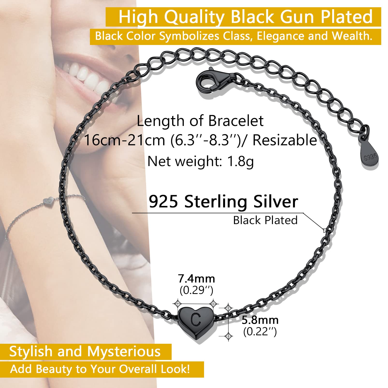 Dainty C Letter Bracelet Cute Jewelry Sterling Silver Thin Chain Heart Initial Bracelets for Women