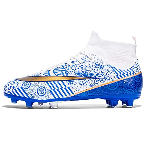 Kids Soccer Shoes Firm Ground Youth Soccer Cleats Boys Spike FG High-Top Football Boots for Outdoor Training White Blue