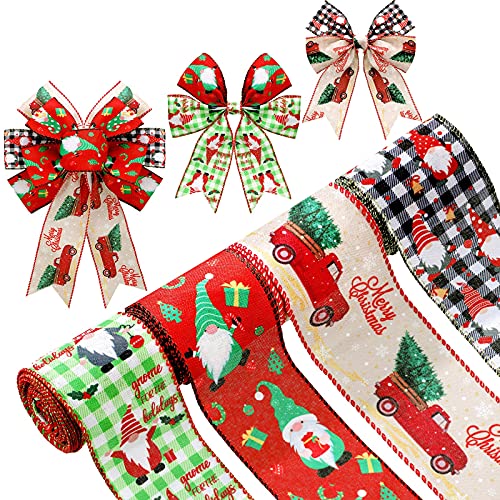MTLEE 4 Rolls 20 Yards Christmas Buffalo Plaid Ribbon 2.5 Inch Christmas Truck Gnome Wired Ribbon Vintage Farmhouse Wrapping Ribbon for Wreath Tree Decorations Garland DIY Craft