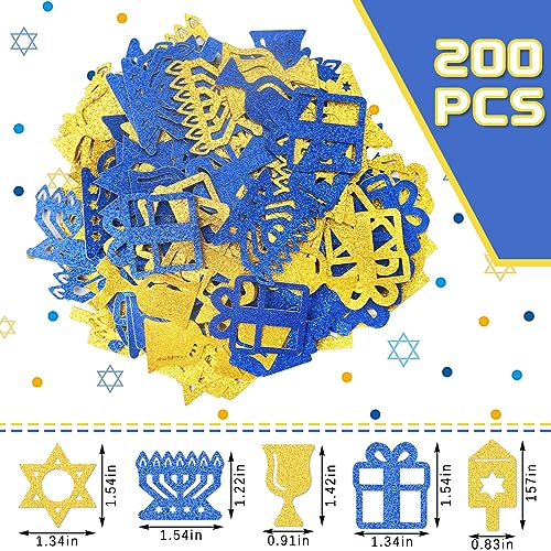 ALIBBON 200 Pcs Happy Hanukkah Confetti Hanukkiah Star of David Confetti Dreidel Gift Menorah Throwing Confetti Blue Gold Glitter Chanukah Confetti Table Scatter for Hanukkah Christmas Table Decor