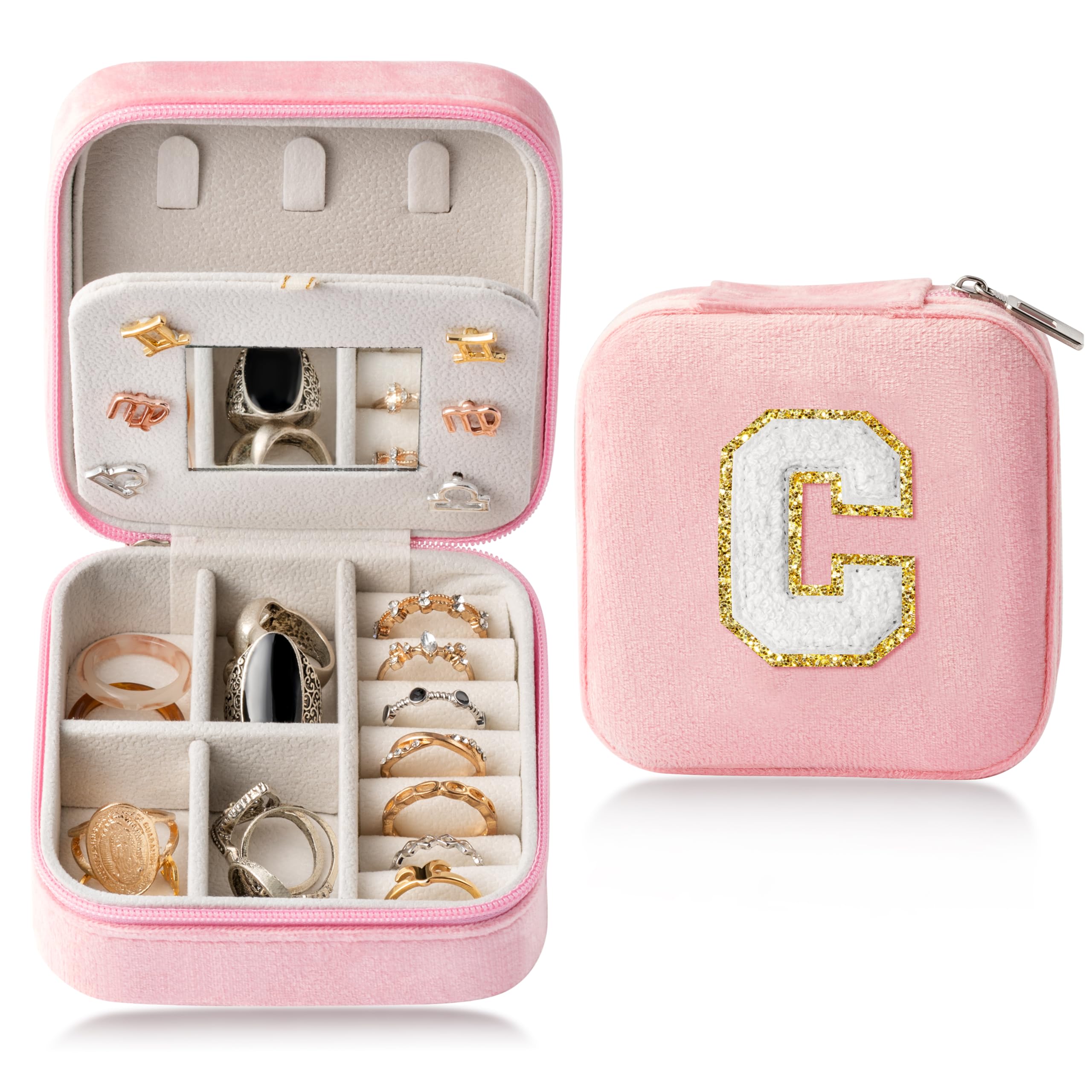 CY2SIDE Letter Velvet Travel Jewelry Case for Women - Pink Organizer for Ring, Earring, Necklace, Bracelet, Pendant - Vacation Gift for Lovers (Letter C)