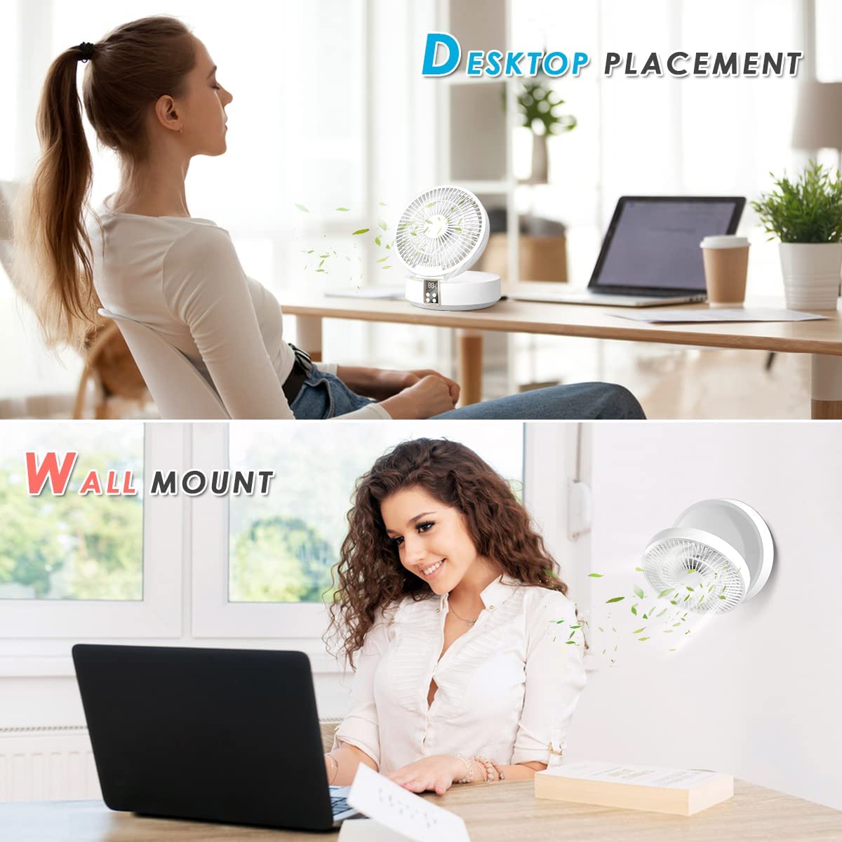 Folding Fan for Bedroom with Reomte, Folding Desk Fan with HD Digital Display, Oscillating Fan with Night Light, Portable Wall Mount Fan 3 Speeds, Quiet Office Fan 120° Rotate USB Rechargeable