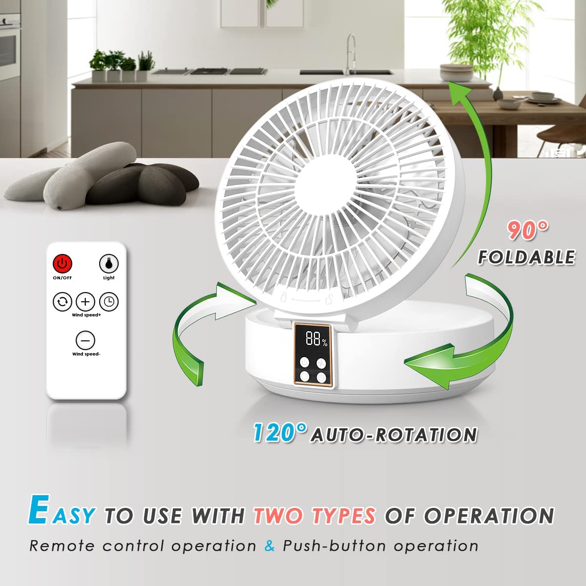 Folding Fan for Bedroom with Reomte, Folding Desk Fan with HD Digital Display, Oscillating Fan with Night Light, Portable Wall Mount Fan 3 Speeds, Quiet Office Fan 120° Rotate USB Rechargeable