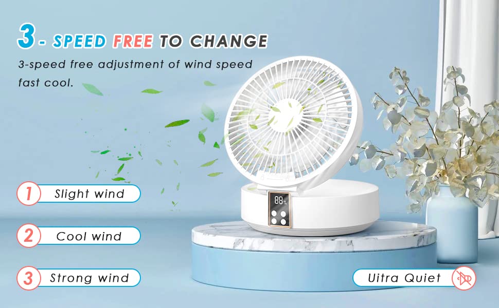 Folding Fan for Bedroom with Reomte, Folding Desk Fan with HD Digital Display, Oscillating Fan with Night Light, Portable Wall Mount Fan 3 Speeds, Quiet Office Fan 120° Rotate USB Rechargeable
