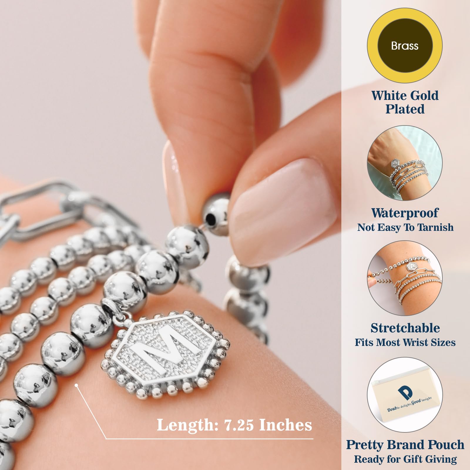 doubgood Silver Bracelets for Women, Stackable Initial Beaded Bracelet with Letter Pendant C Stretch Trendy Stack Jewelry Set for Mother's Day Valentines Gifts for Her