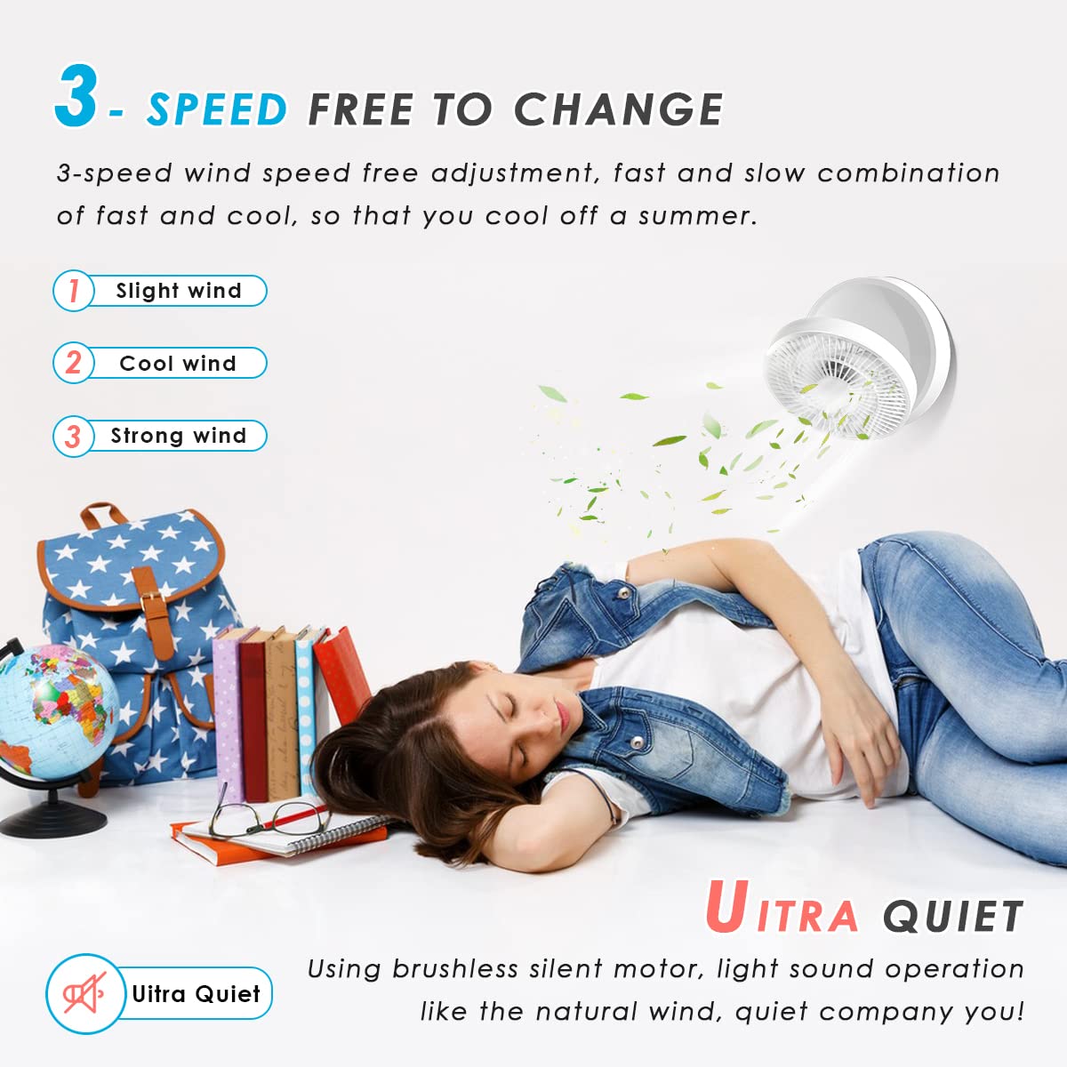 XSMNER Fan for Bedroom, Ultra Quiet Small Desk Fan with HD Digital Display, Oscillating Fan with Reomte, Portable Night Light Wall Mount Fan 3 Speeds, Office Fan 120° Rotate USB Rechargeable
