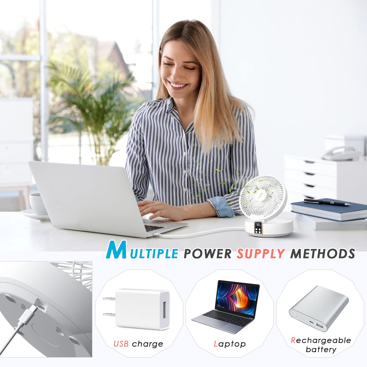 XSMNER Fan for Bedroom, Ultra Quiet Small Desk Fan with HD Digital Display, Oscillating Fan with Reomte, Portable Night Light Wall Mount Fan 3 Speeds, Office Fan 120° Rotate USB Rechargeable