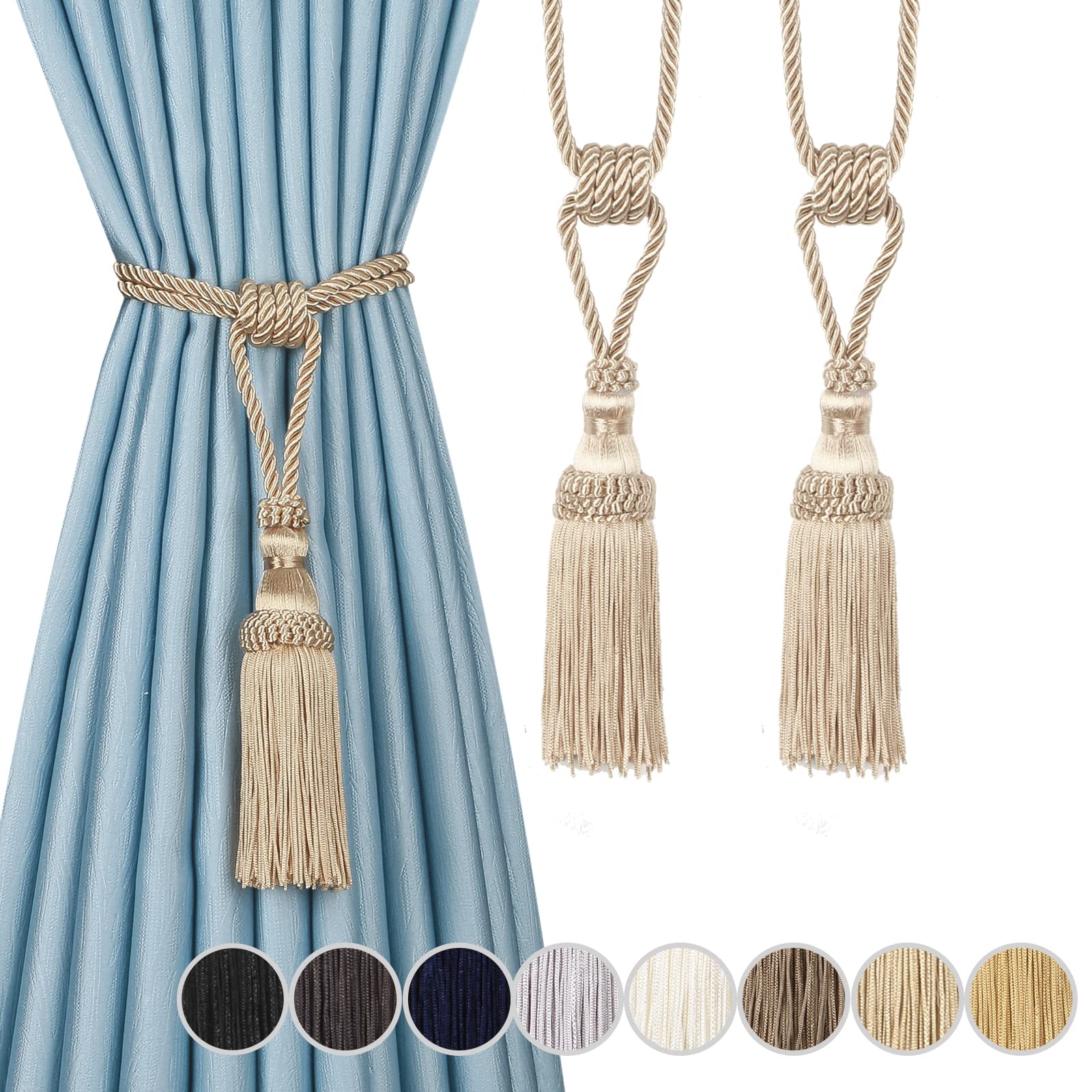 Fenghuangwu 2PCS Curtain Tassel Tiebacks, Handmade Tassels Curtain Tie-Backs Rope Holdbacks for Home Office Decor-Beige