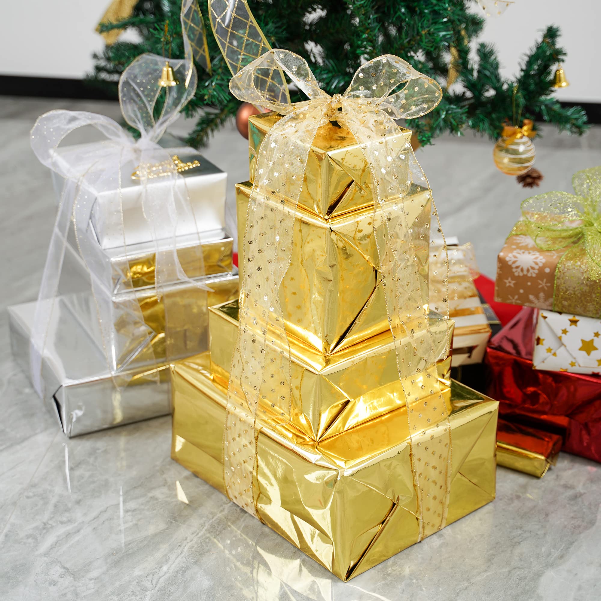HUIHUANG Gold Christmas Ribbon - 2.5 inch Wide Gold Wire Edge Ribbons for Tree Decorations, Crafts, Gift Wrapping, Wreath, Garland, Bows - 6 Rolls x 6 Yards