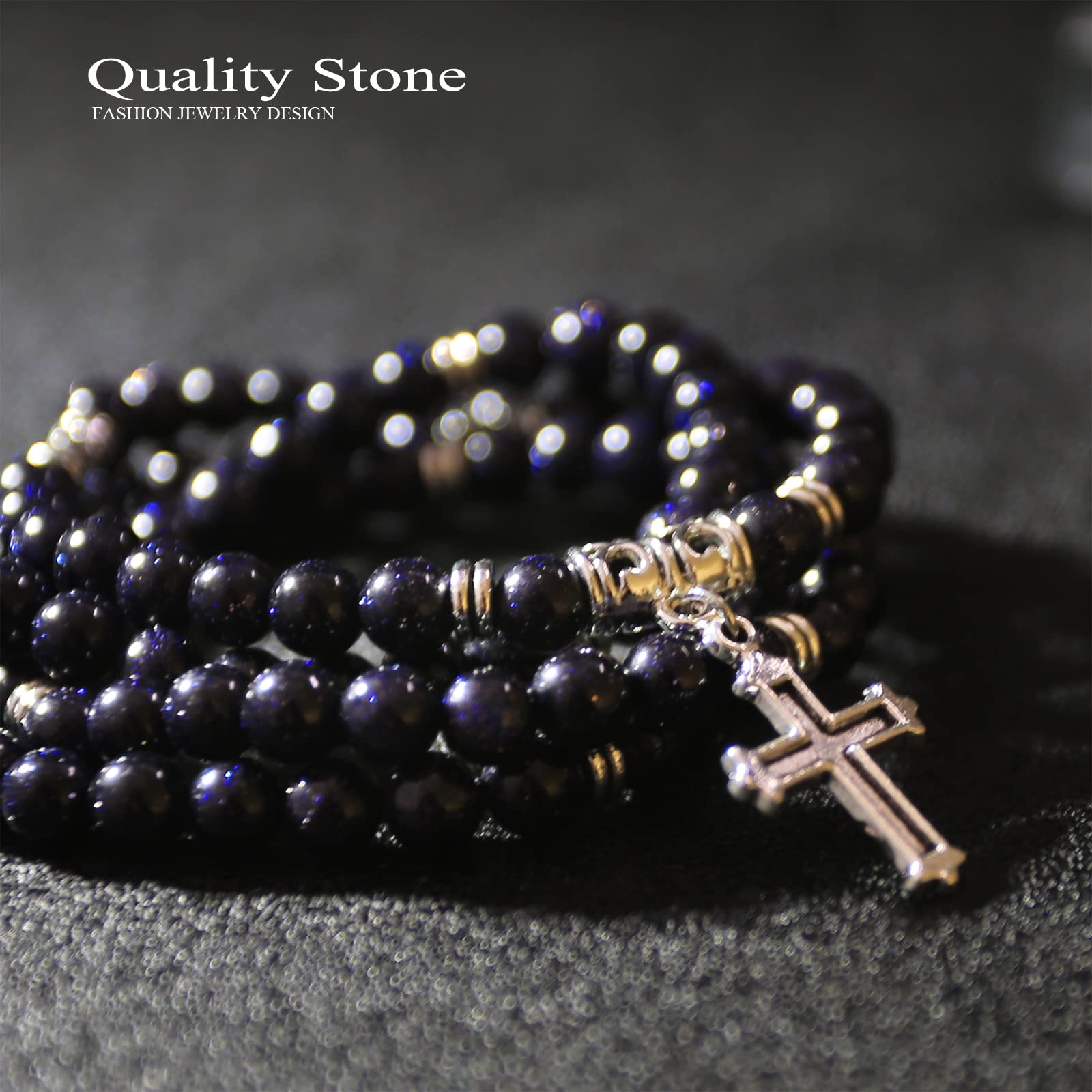 KS-WORKSHOP 108 Beads 6MM Wrap Bracelet for Women Handmade Stretch Long Chain Quality Stone Black Blue Sandstone Beaded Girls Charm Christ Pendant Semi-Precious Perfect Valentine's Gift Birthday