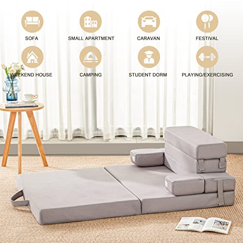 Lazyzizi Sleep 4 Inch Foldable Mattress, Portable Floor Mattress Couch with Headrest, Washable Cover, Foldable Foam Couch Single for Guest Bed, Folding Sofa Bed, Camping, Road Trip, Dark Grey