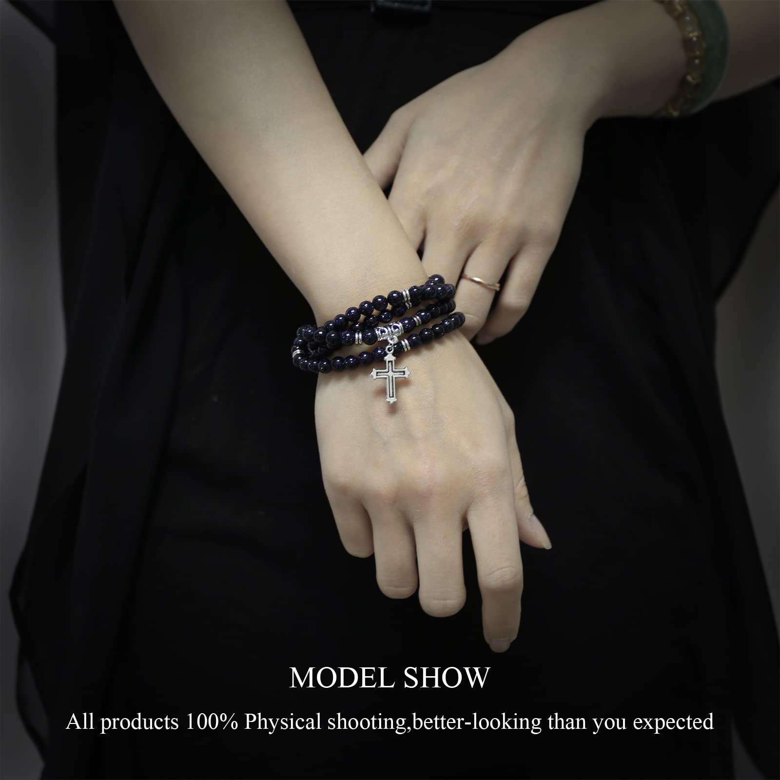 KS-WORKSHOP 108 Beads 6MM Wrap Bracelet for Women Handmade Stretch Long Chain Quality Stone Black Blue Sandstone Beaded Girls Charm Christ Pendant Semi-Precious Perfect Valentine's Gift Birthday