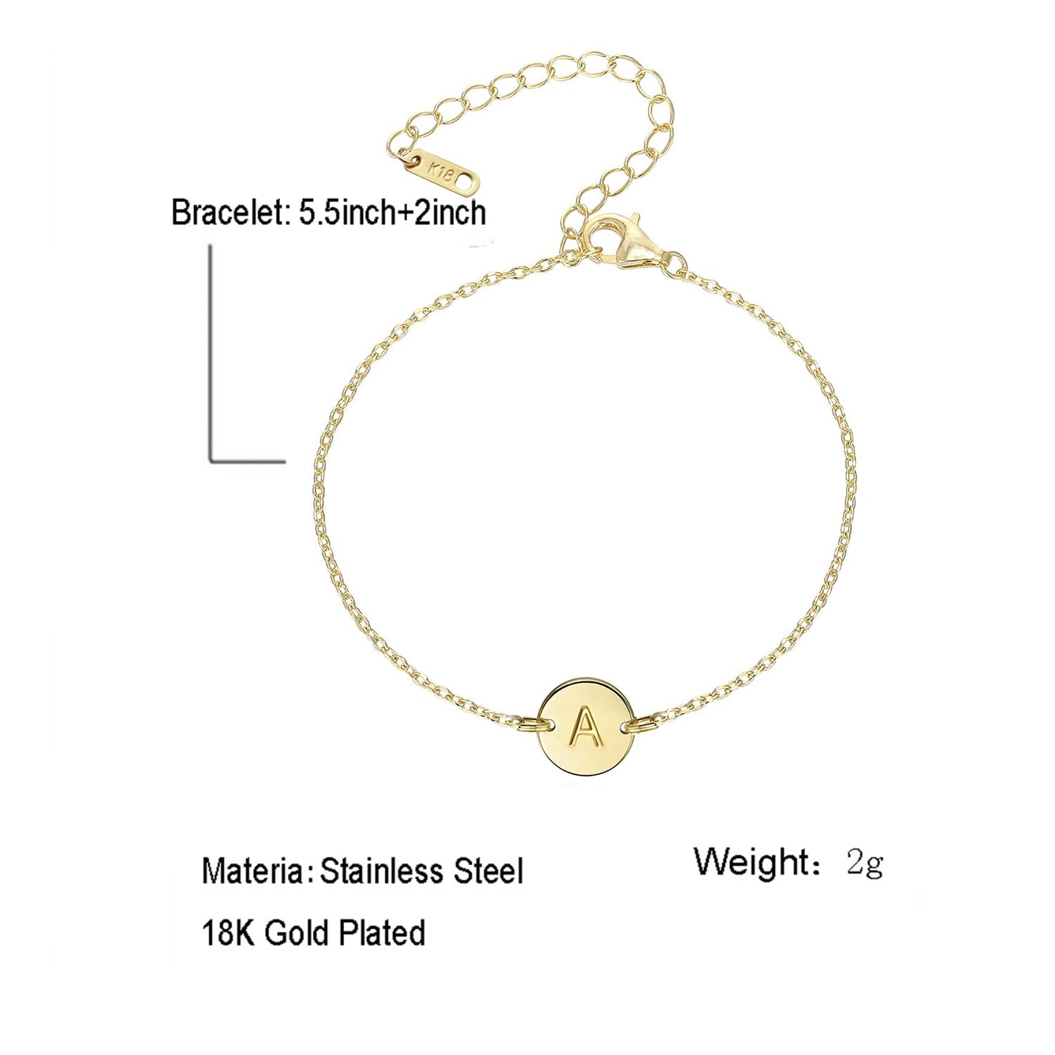 18K Gold Plated Stainless Steel Initial Bracelet Personalized Letter Charm Bracelet Small Dainty Disc Monogram Name Bracelet for Women (C)