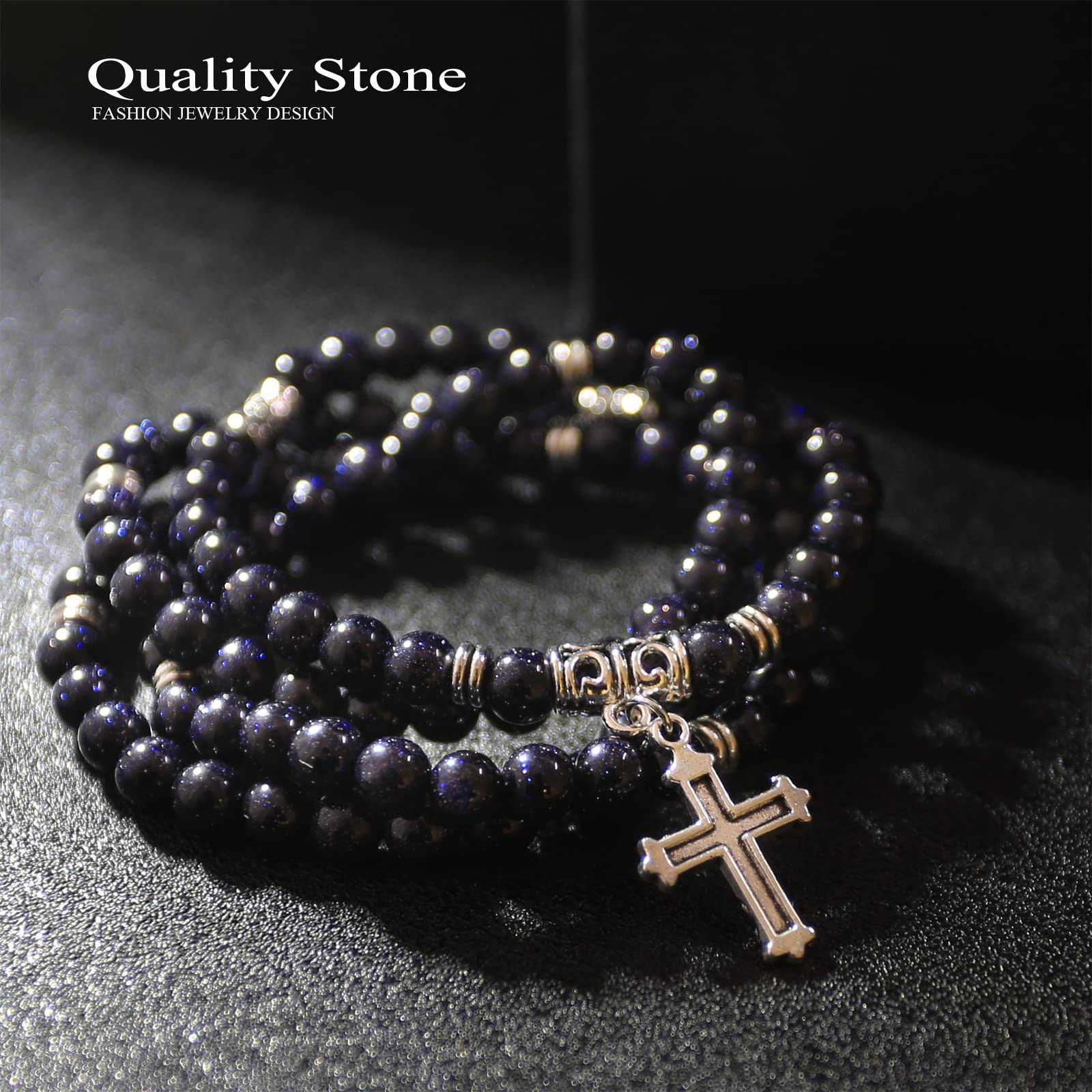 KS-WORKSHOP 108 Beads 6MM Wrap Bracelet for Women Handmade Stretch Long Chain Quality Stone Black Blue Sandstone Beaded Girls Charm Christ Pendant Semi-Precious Perfect Valentine's Gift Birthday
