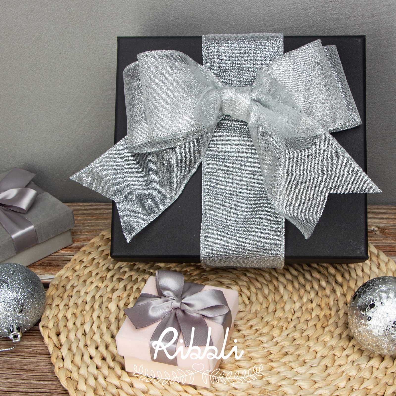 Ribbli Metallic Silver Wired Ribbon,2-1/2 Inch x Continuous 10 Yard, Silver Glitter Ribbon with Silver Edge,Christmas Ribbon for Wreaths,Big Bow,Gift Wrapping, Christmas Tree Decoration