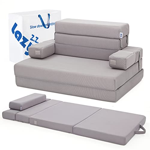 Lazyzizi Sleep 4 Inch Foldable Mattress, Portable Floor Mattress Couch with Headrest, Washable Cover, Foldable Foam Couch Single for Guest Bed, Folding Sofa Bed, Camping, Road Trip, Dark Grey
