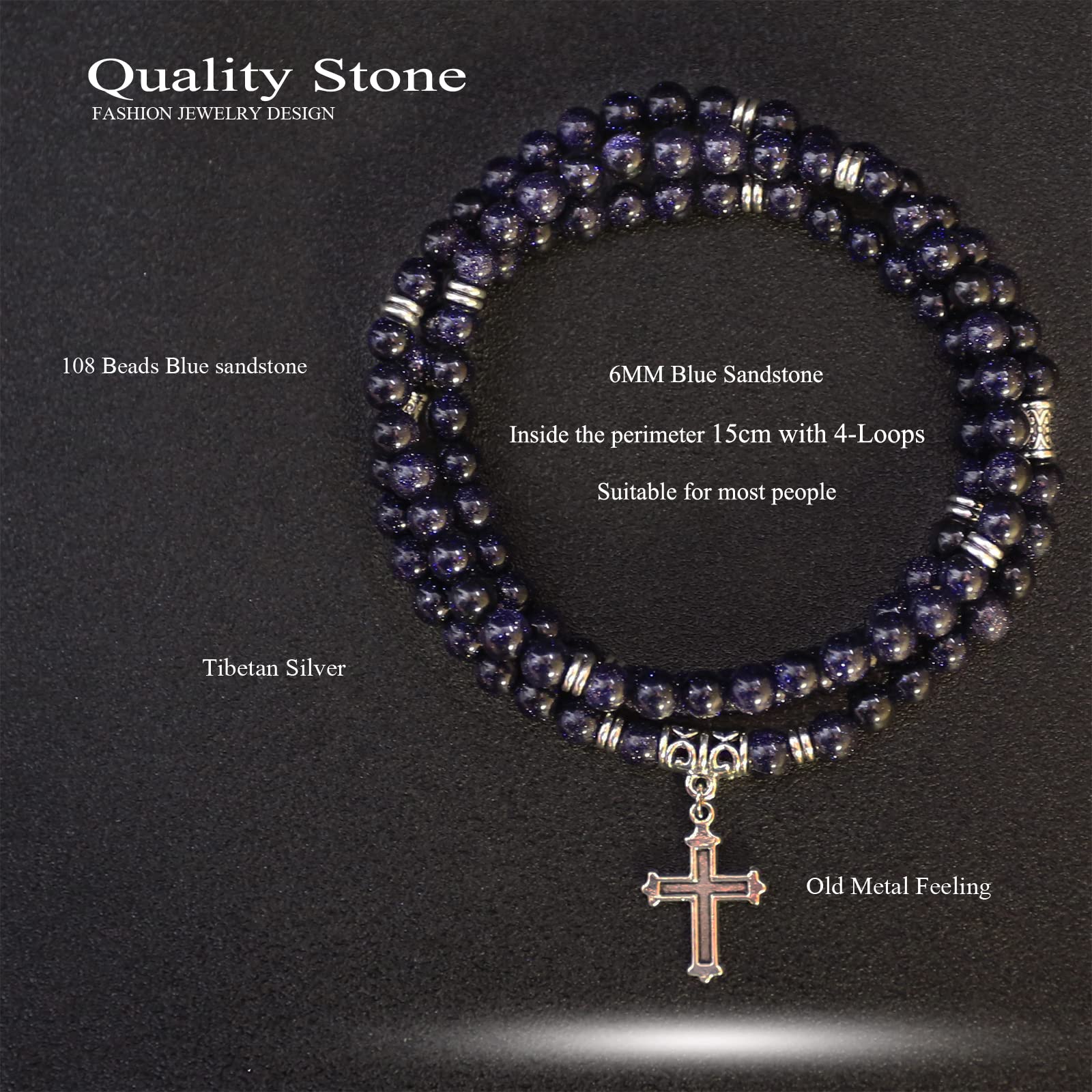 KS-WORKSHOP 108 Beads 6MM Wrap Bracelet for Women Handmade Stretch Long Chain Quality Stone Black Blue Sandstone Beaded Girls Charm Christ Pendant Semi-Precious Perfect Valentine's Gift Birthday