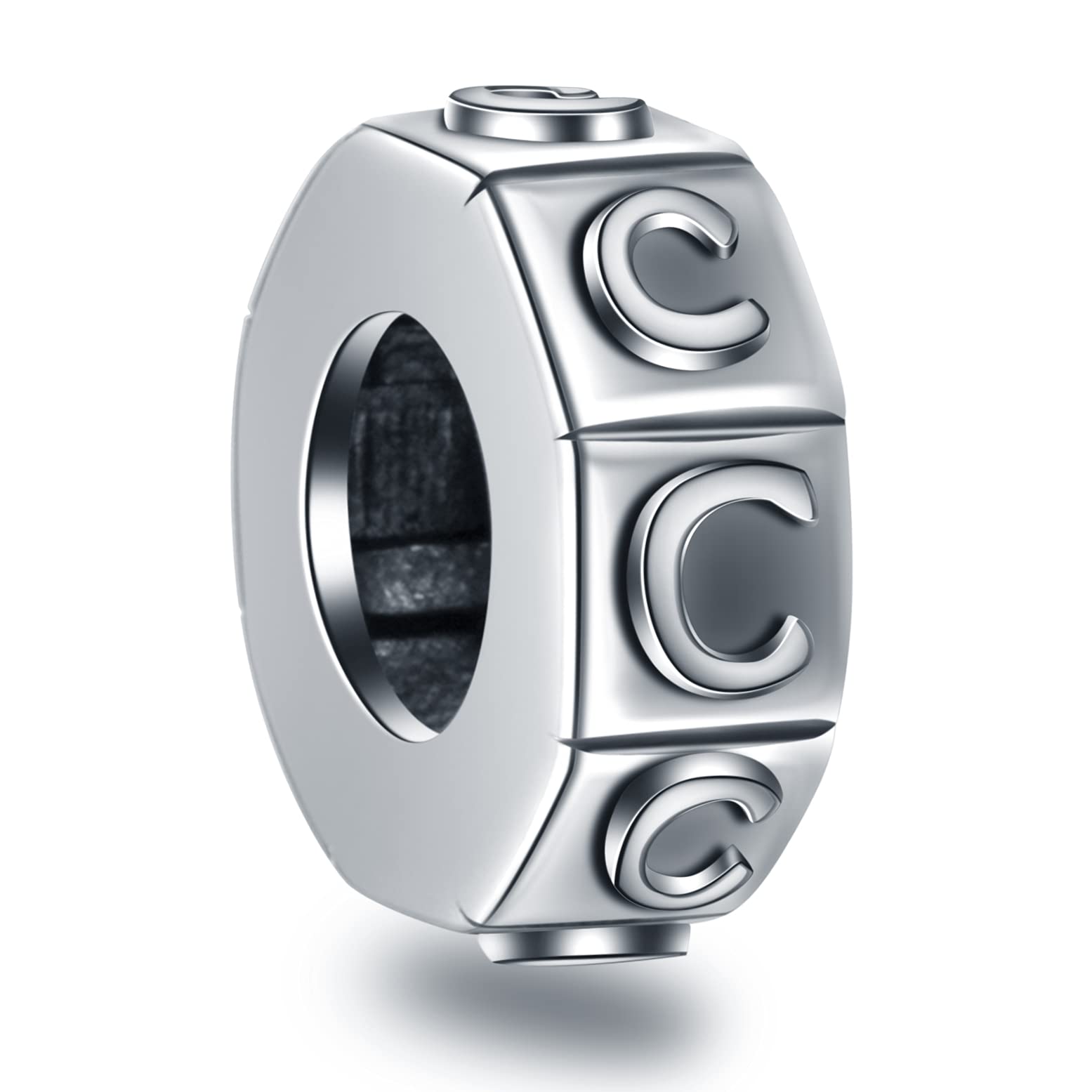 Letter C Spacer Charms, Initial C Alphabet Rubber Stopper Beadas in Vintage 925 Sterling Silver, fits Pandora Moments Bracelet, Personalized Gift for Couple/Christmas