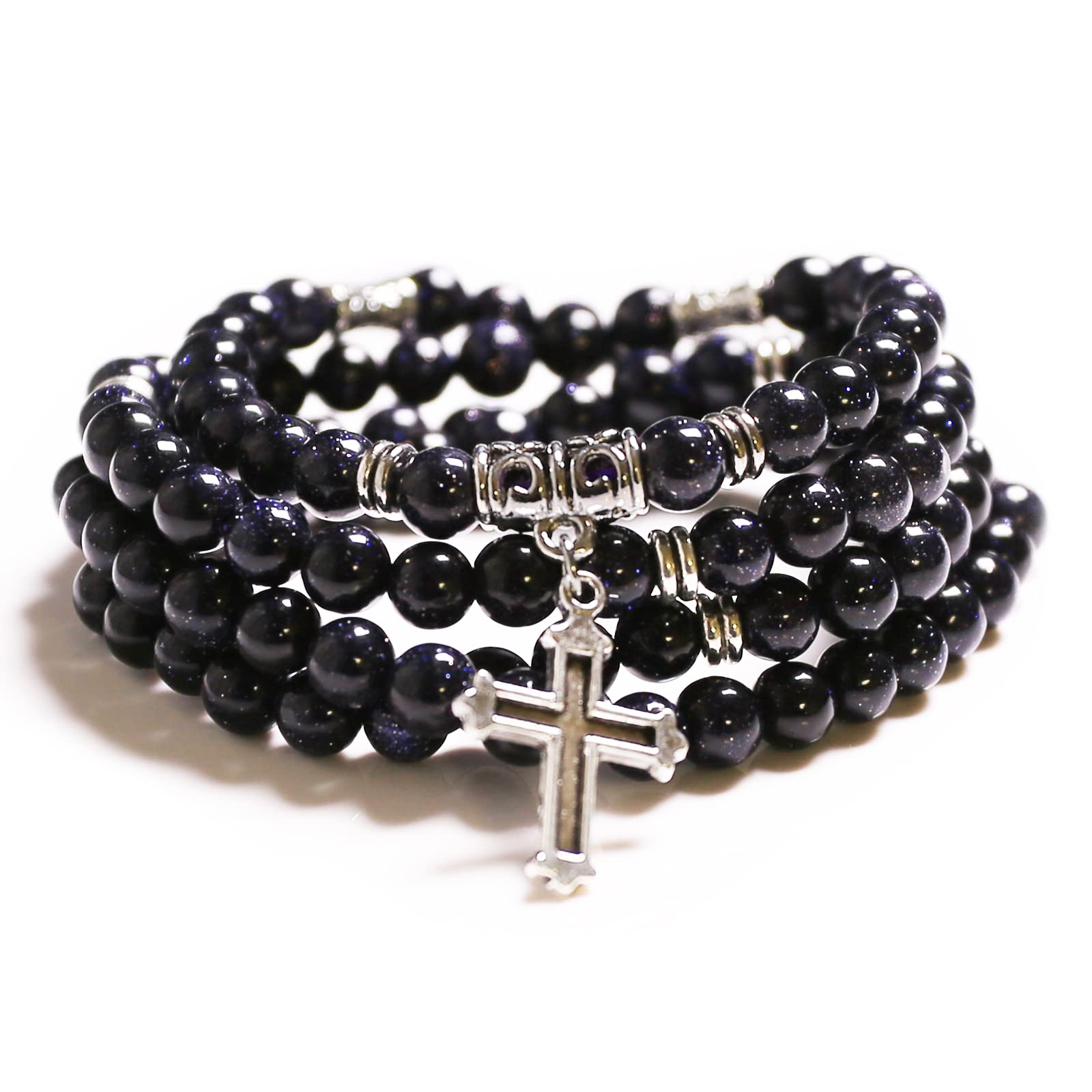 KS-WORKSHOP 108 Beads 6MM Wrap Bracelet for Women Handmade Stretch Long Chain Quality Stone Black Blue Sandstone Beaded Girls Charm Christ Pendant Semi-Precious Perfect Valentine's Gift Birthday