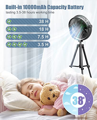 10000 mAh Pedestal Fan with 8.5'' Frame, 4 Speeds Air Circulator Fan, Portable Desk Fan with Adjustable Height, Max 38 H, Rechargeable Standing Fan, Included A Hook, Quiet for Home, Office, Outdoor
