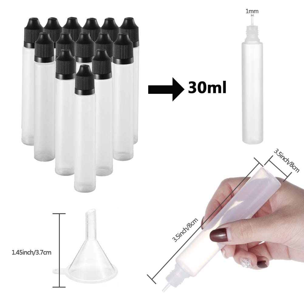Joyclub 20 Pack 30mL LDPE Plastic Unicorn Dropper Bottle 1 oz Ink Liquid Applicator Squeezable Bottles with Childproof Cap and Thin Tip (Black)