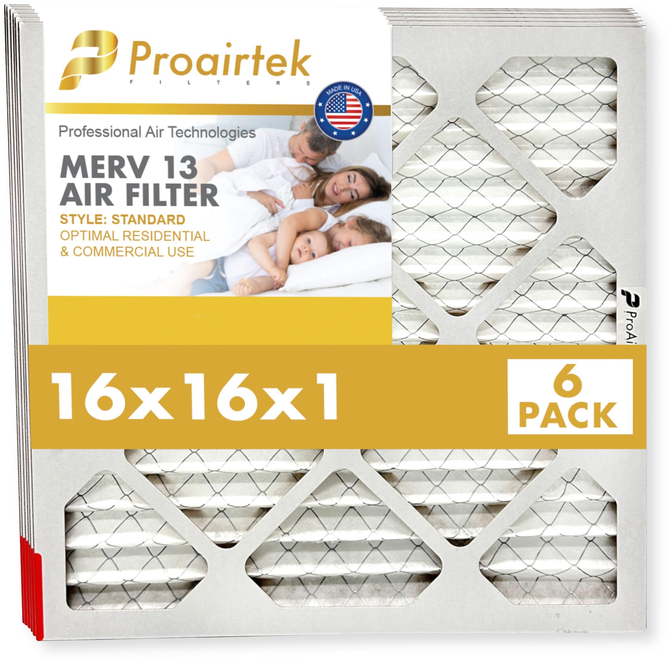 Proairtek AF16161M13SWH Model 16x16x1 Pack of 6 Air Filters, MERV 13; Ideal for Anyone Wanting Clean, Crisp Air in Their Home