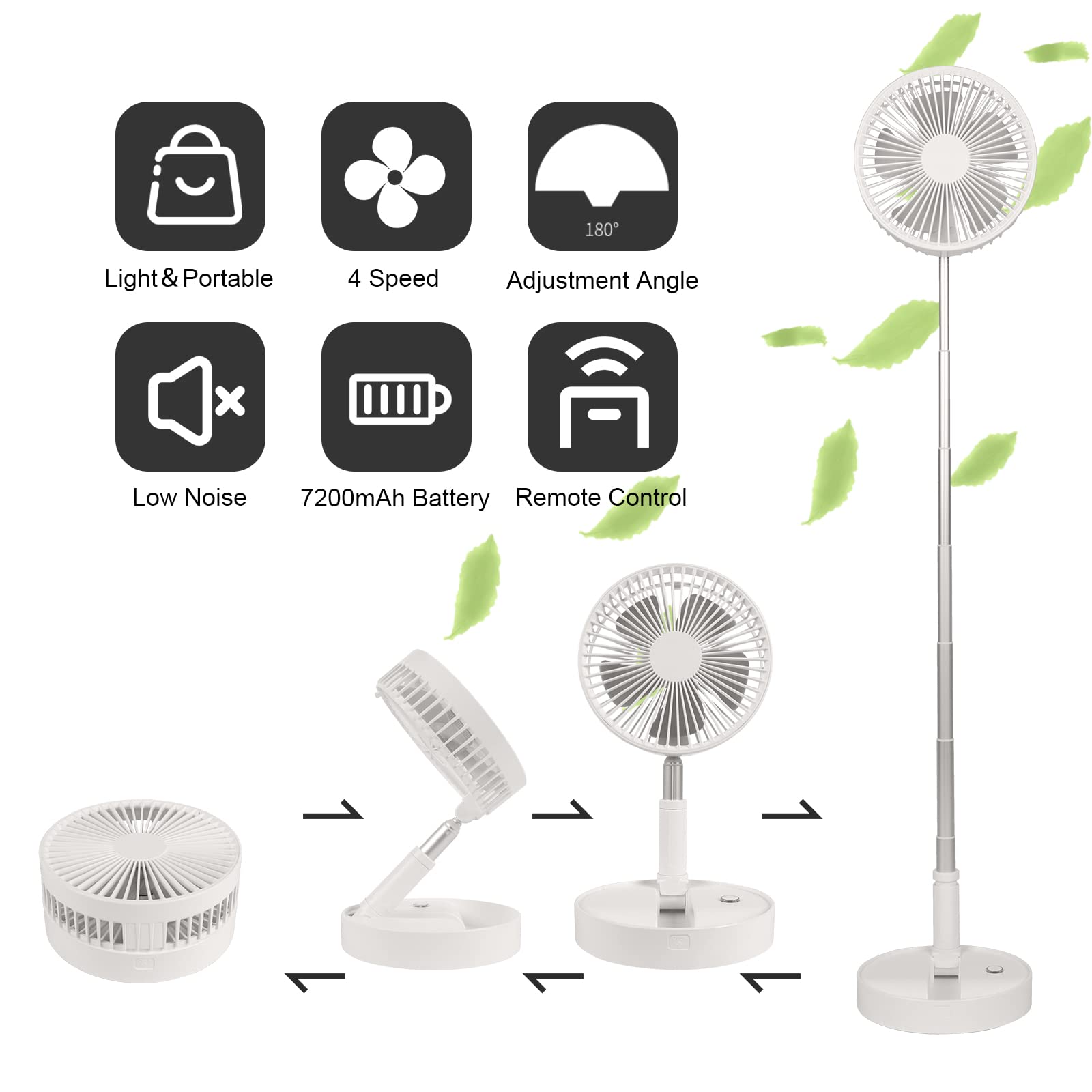 BIGTREE Portable Standing Fan with Remote Controller,8 inch USB Desk Fan,Adjustable Height,Quiet Foldable Floor Fan,Telescopic Pedestal Fans for Personal Bedroom Office Fishing Camping (WHITE)