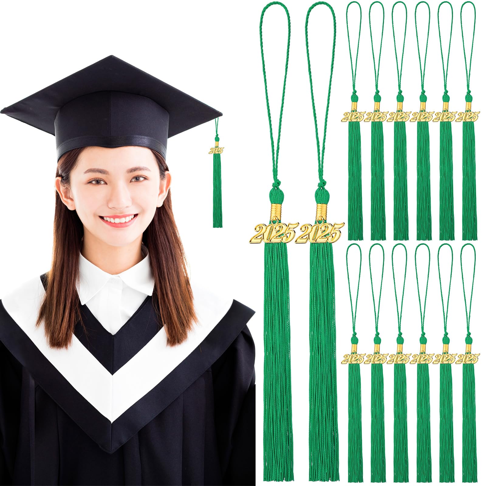 Yaomiao 14 Pieces 2025 Year Charm Graduation Tassel Academic Graduation Hat Tassel with Decoration for Graduates Ceremonies Parties Accessories(Green)