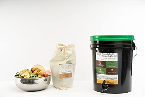 Indoor Bokashi Composting System - Kitchen Compost Buckets with A Spout - Air Tight Gamma Seal Lid - Practical Way to Collect All Your Organic Waste - 5lbs of Kashi Blend