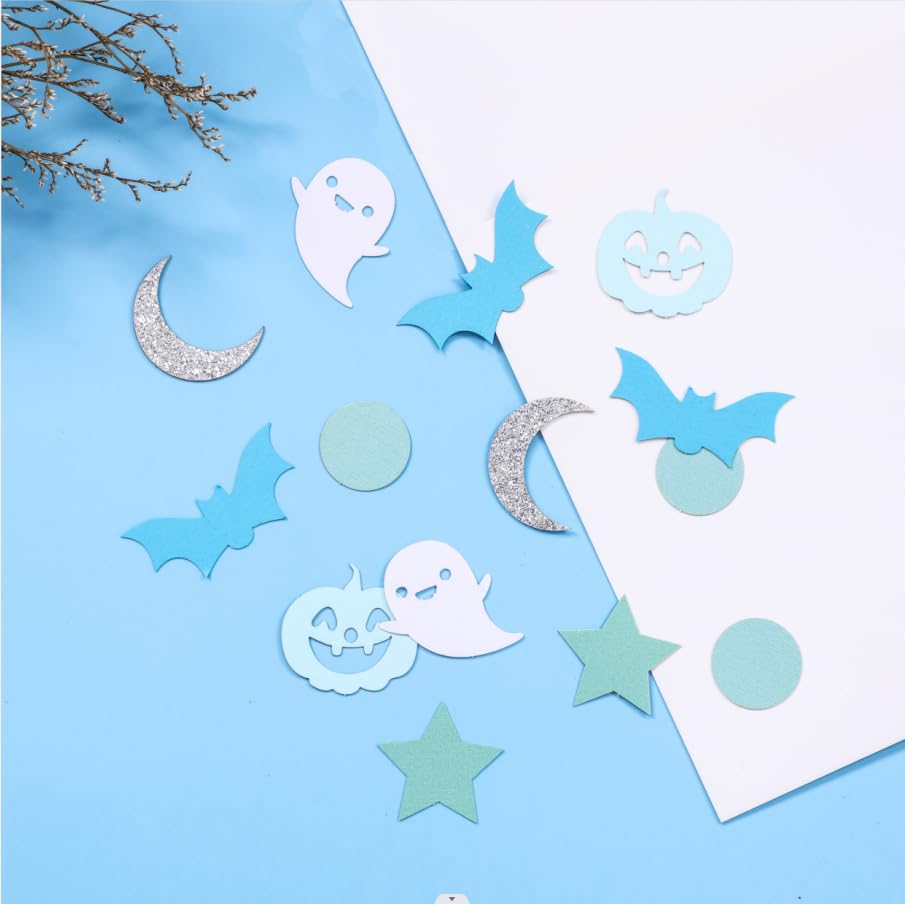 200PCS Boys Party Confetti Star Confetti for Table Blue Teal White Table Scatter Confetti with Ghost Moon Bat Pumpkin Star Circle Dots for Kids’ Halloween Theme Birthday Party Baby Shower