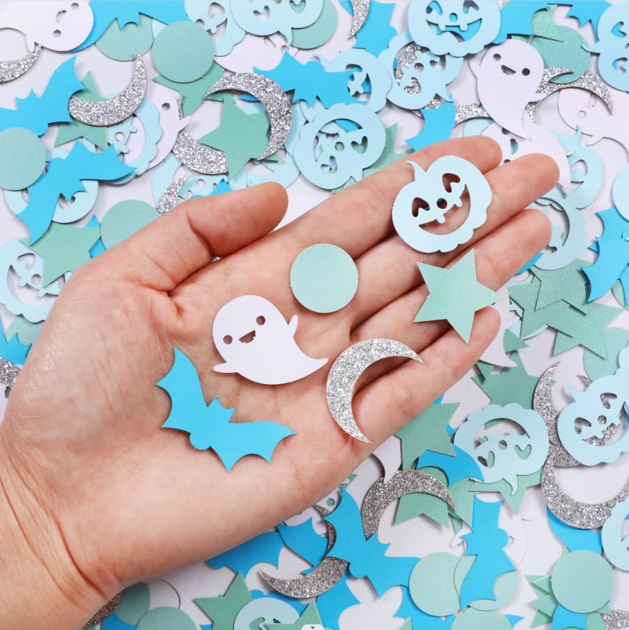 200PCS Boys Party Confetti Star Confetti for Table Blue Teal White Table Scatter Confetti with Ghost Moon Bat Pumpkin Star Circle Dots for Kids’ Halloween Theme Birthday Party Baby Shower