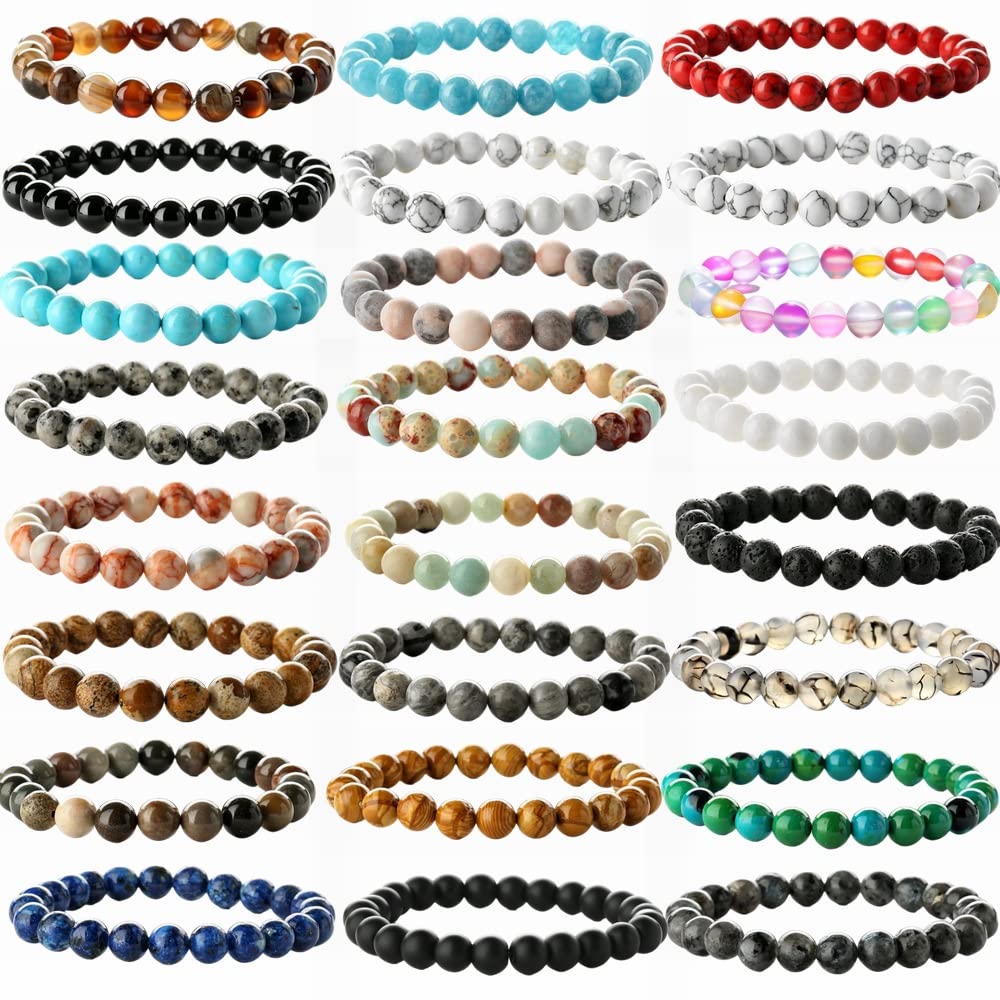 Fiqozev 8Pcs Natural Beads Healing Gemstone Bracelet, 8mm Semi Precious Stone Bracelet for Men Women, Stress Relief Crystal Jewelry