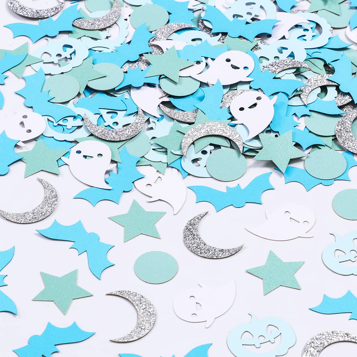 200PCS Boys Party Confetti Star Confetti for Table Blue Teal White Table Scatter Confetti with Ghost Moon Bat Pumpkin Star Circle Dots for Kids’ Halloween Theme Birthday Party Baby Shower