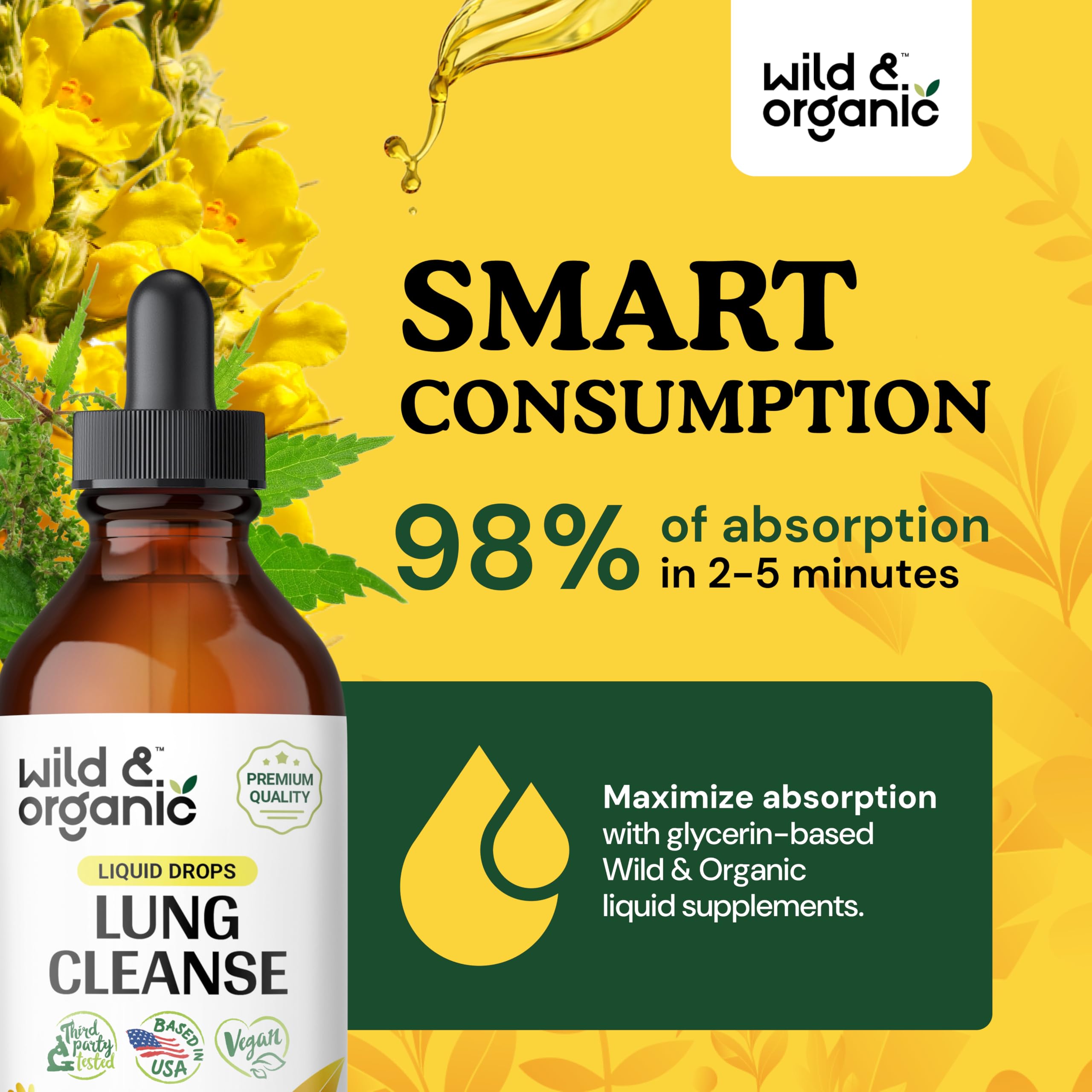 Wild & Organic Lung Cleanse Detox Tincture - Mullein Drops for Lungs - Herbal Mullein Extract Supplement - Vegan, Alcohol-Free Drops - 4 fl oz