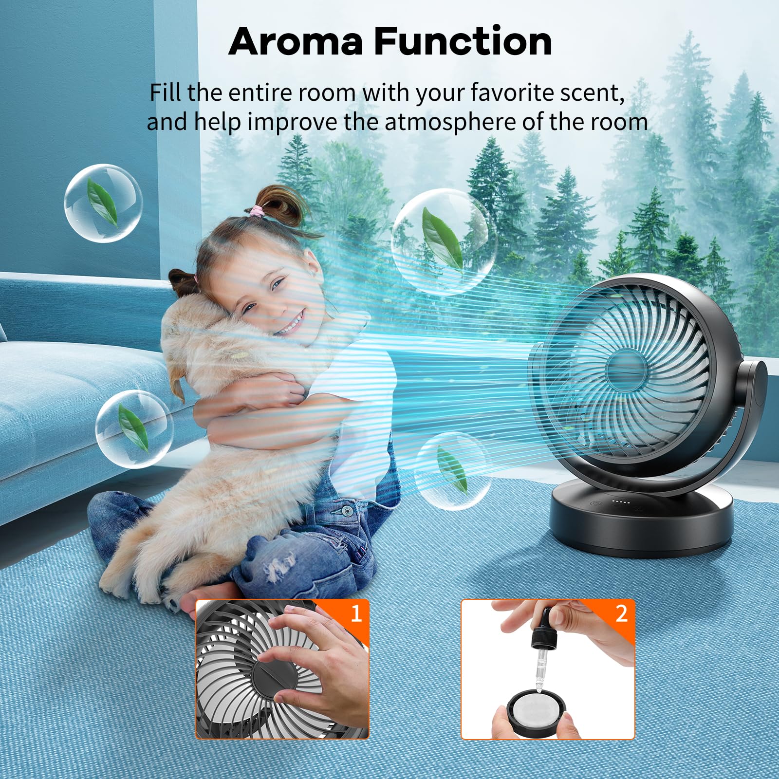 HandFan 9-Inch Air Circulator Fan with 110-Degree Tilt Head and 5 Speed Settings, Fans for Home Bedroom, 70ft Strong Airflow, Aroma Function, 5 Timer Settings Ultra Quiet (30 dB), Black(AC Power)