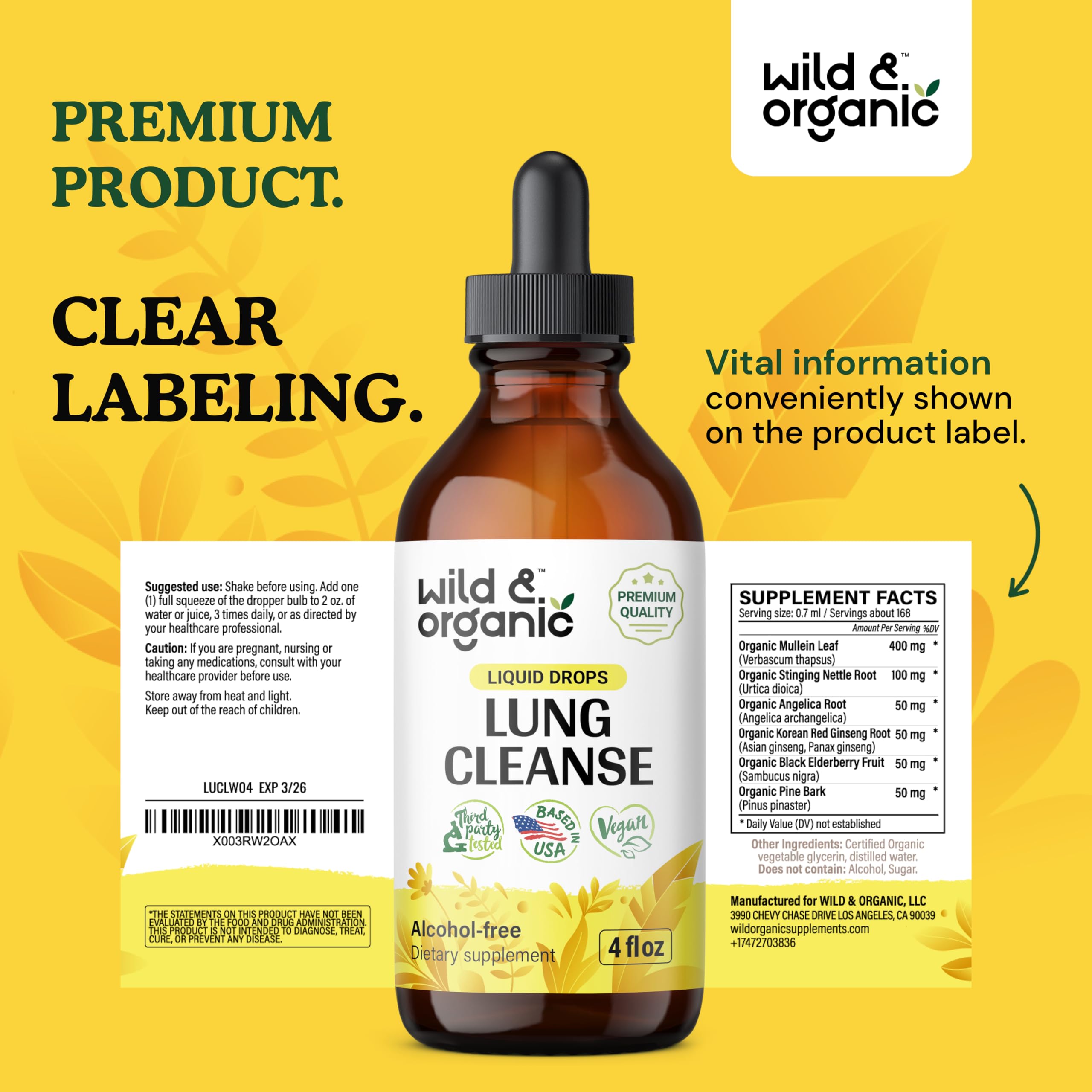 Wild & Organic Lung Cleanse Detox Tincture - Mullein Drops for Lungs - Herbal Mullein Extract Supplement - Vegan, Alcohol-Free Drops - 4 fl oz