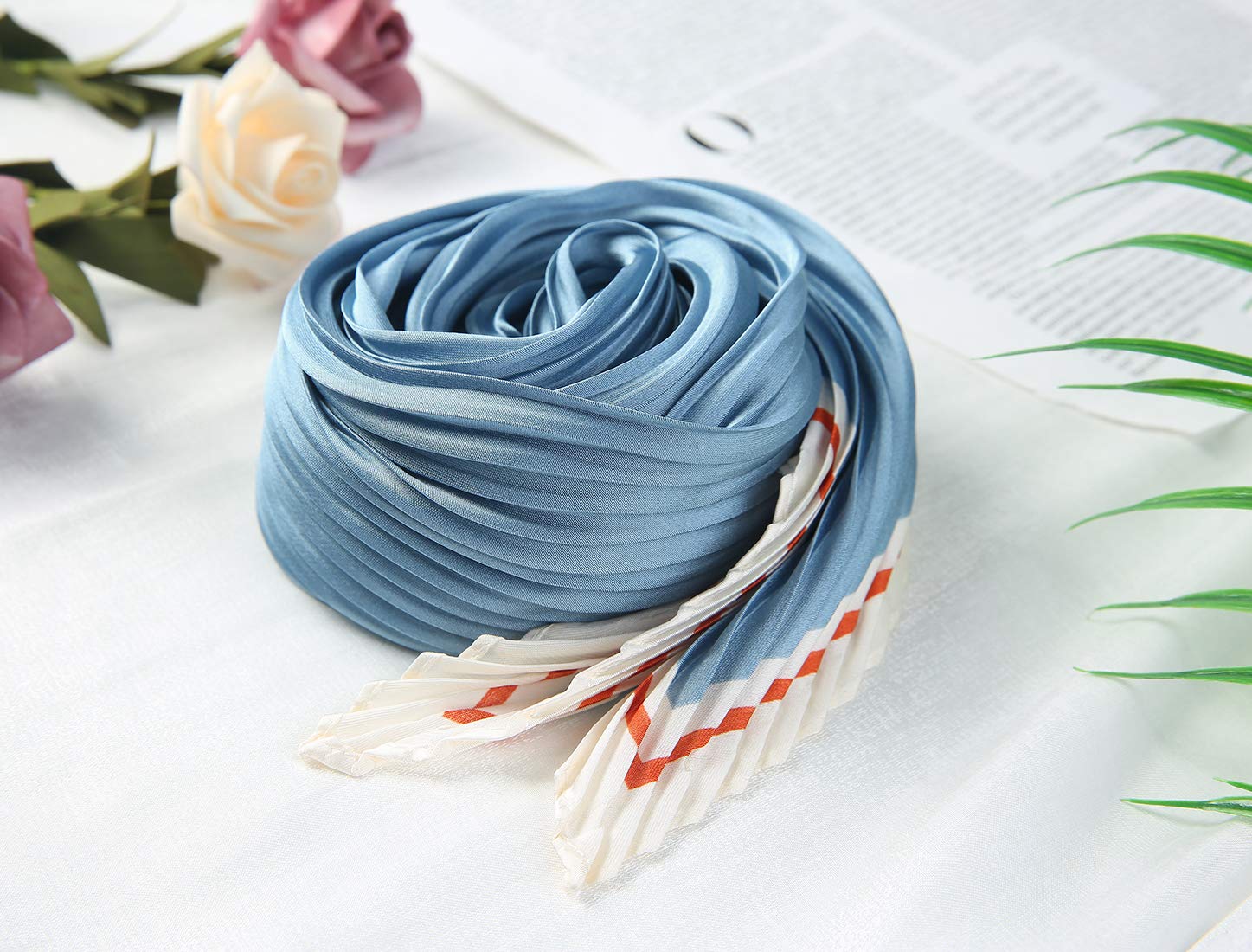 Allegra K Women Pleated Rhombus Rhombic Scarf Scarves Head Ribbon Bandana Solid Color Blue