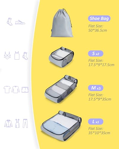 BAGSMART Keep Shape Packing Cubes, 7 Set Packing Cubes for Travel, Lightweight Travel Cubes for Packing, Suitcase Organizer Bags Set for Travel Essentials Grey