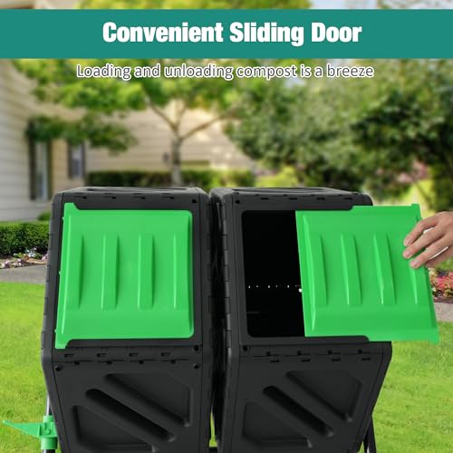 TRY & DO Outdoor Dual Chamber Compost Tumbler – Large Garden Tumbling Composter with 2 Sliding Doors and Lockable Brake - Rotating Compost Bin - 34.4 Gallon (2-17.2 Gal)