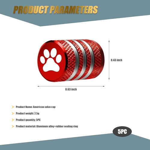 Crynod 5 PCS Car Valve Cap, 0.43" x 0.62" Cute Dog Paw Alloy Tubeless Screw-on Valve Cover, Suitable for Most Models (Red)