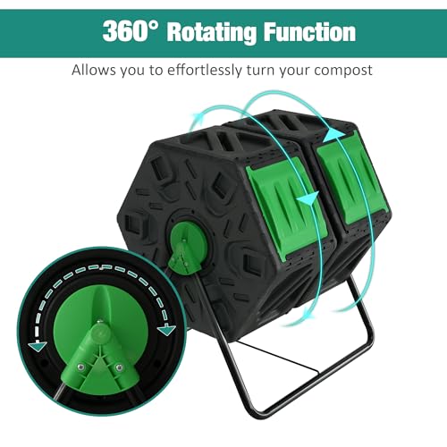TRY & DO Outdoor Dual Chamber Compost Tumbler – Large Garden Tumbling Composter with 2 Sliding Doors and Lockable Brake - Rotating Compost Bin - 34.4 Gallon (2-17.2 Gal)